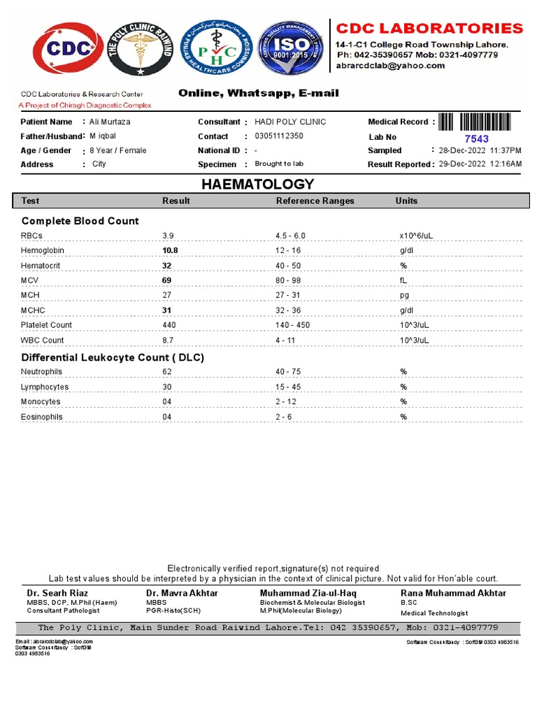 7543 LabReport | PDF | White Blood Cell | Medicine