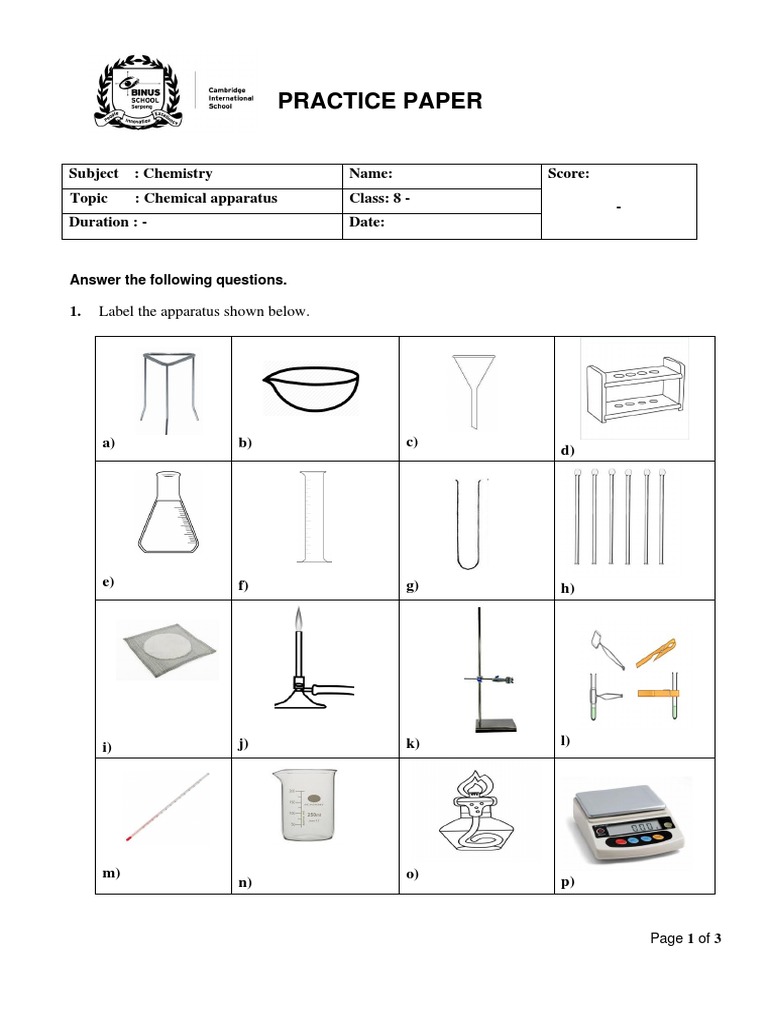 Practice Paper Gr8 MS Chemical Apparatus | PDF | Liquids | Laboratories