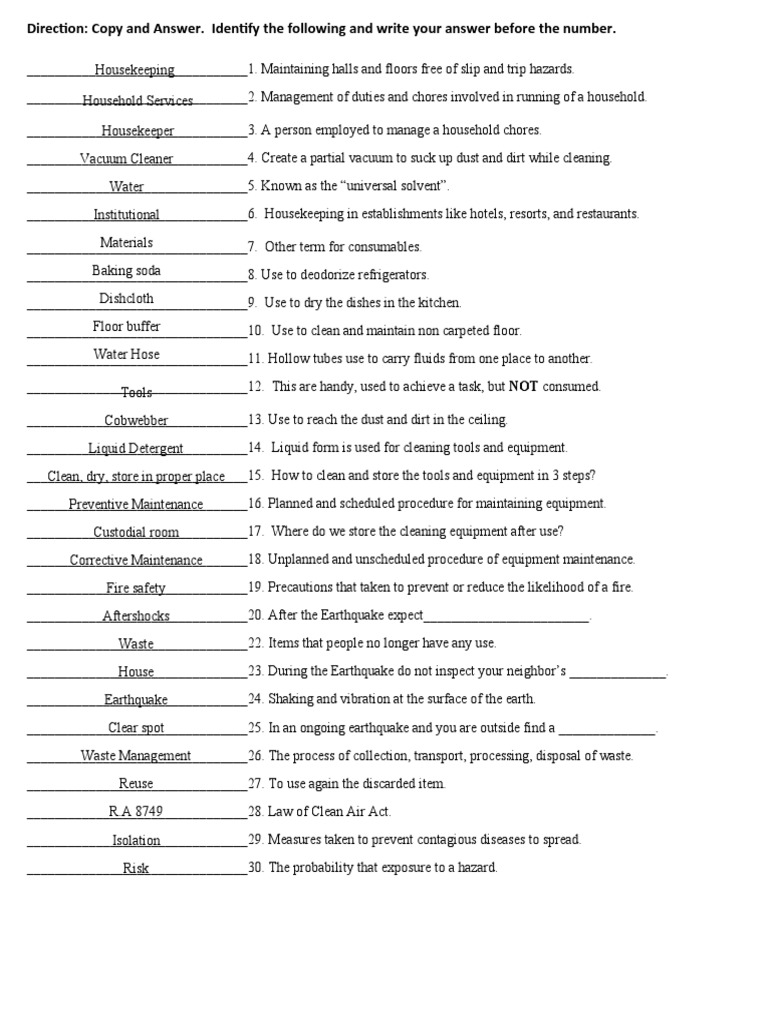Long Quiz | PDF | Housekeeping | Safety