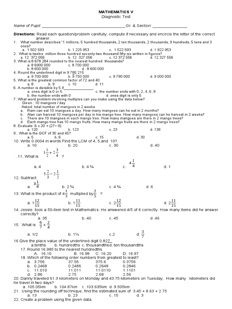 Pre-Test - Mathematics 5 | PDF | Volume | Celsius