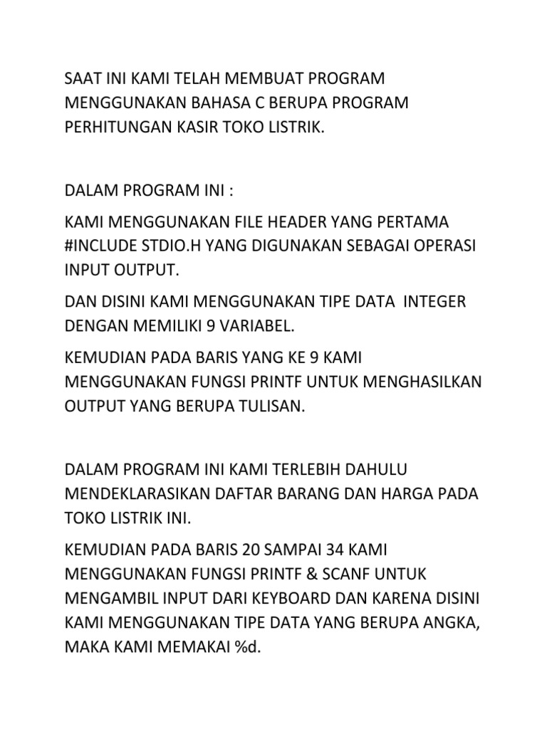Program perhitungan kasir toko listrik dengan bahasa C | PDF