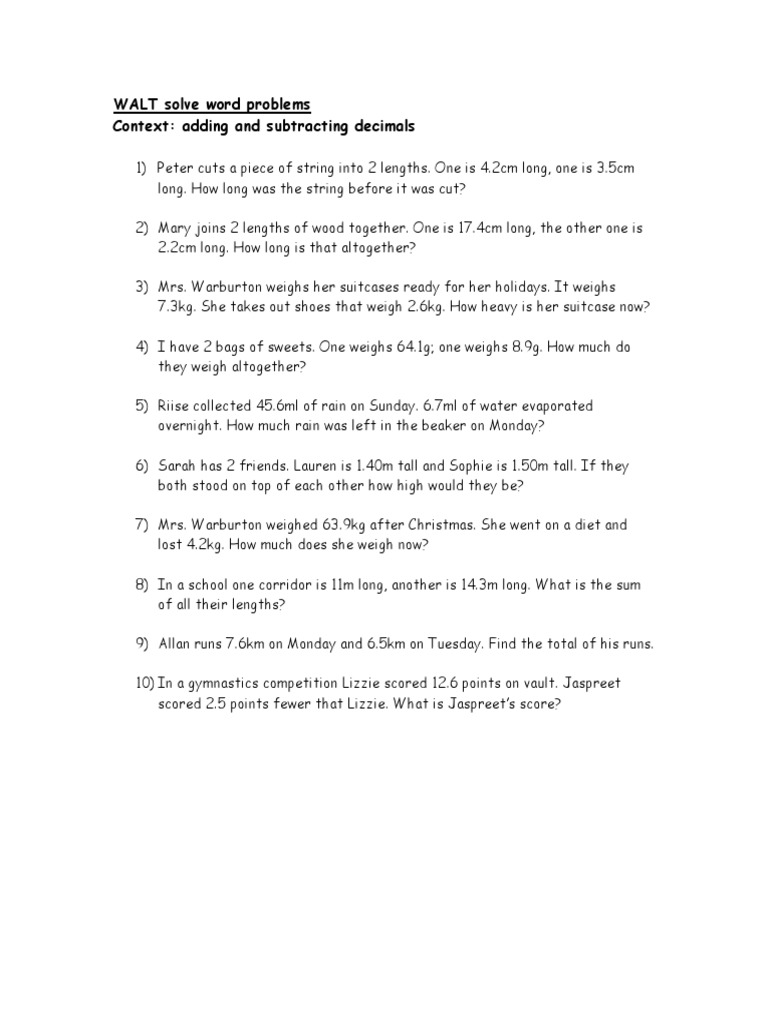 Adding and Subtracting Decimal Problems | PDF