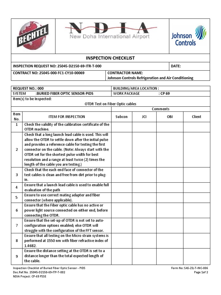 Inspection Checklist Otdr Test For Fiber Optic Cables | PDF