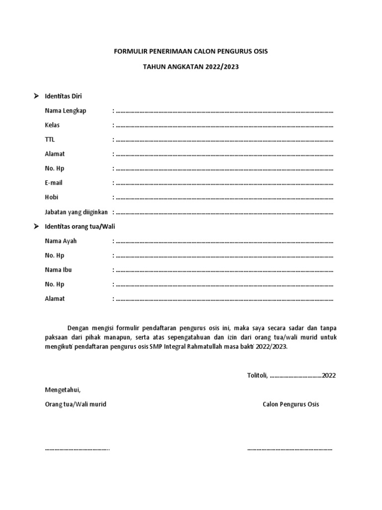 Formulir Penerimaan Calon Pengurus Osis | PDF