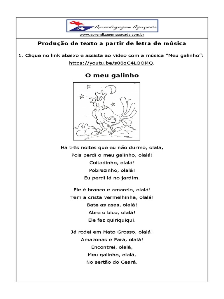 Aprendizagem Agucada Producao de Texto A Patir de Letra de Musica o Meu ...