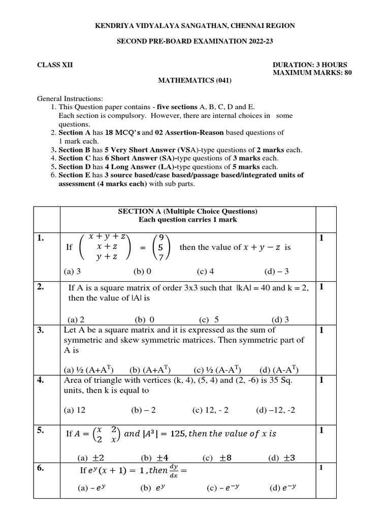 PB II Xii Maths QP Jan 2023 | PDF | Area | Equations