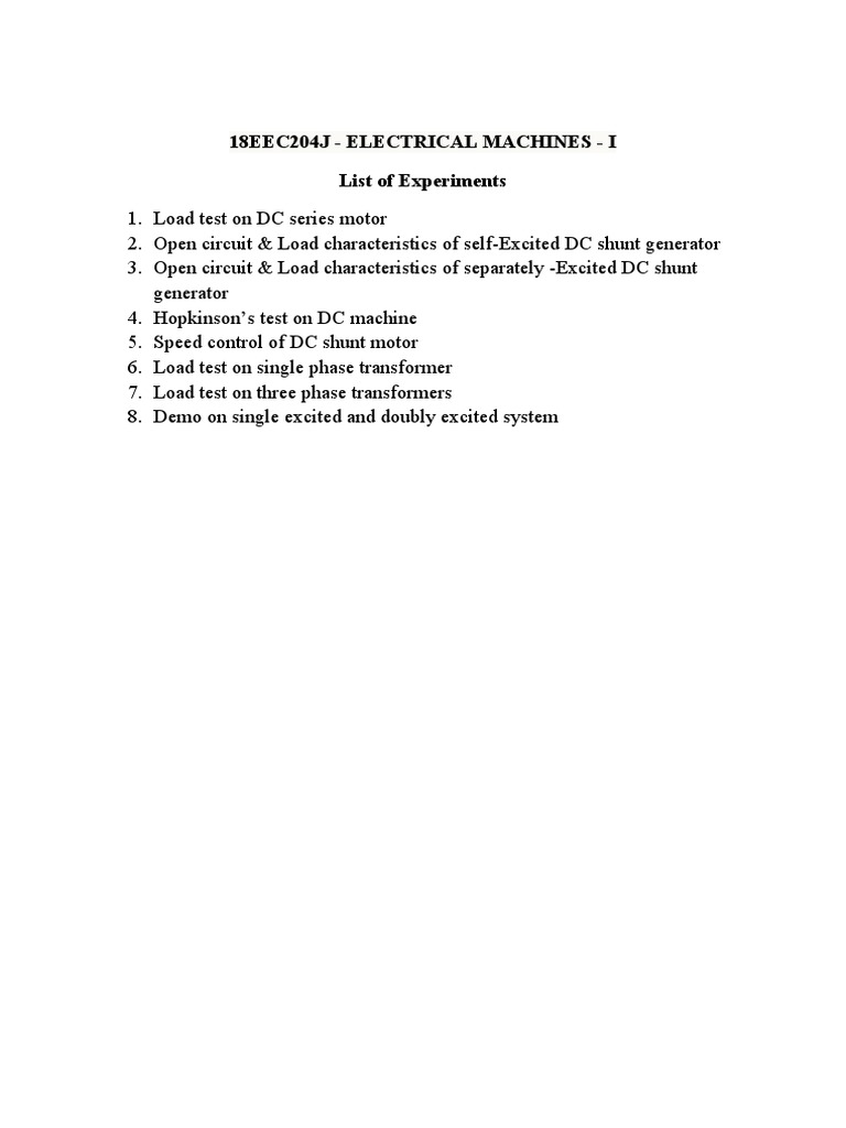 18EEC204J Electrical Machines Lab Experiments List | PDF