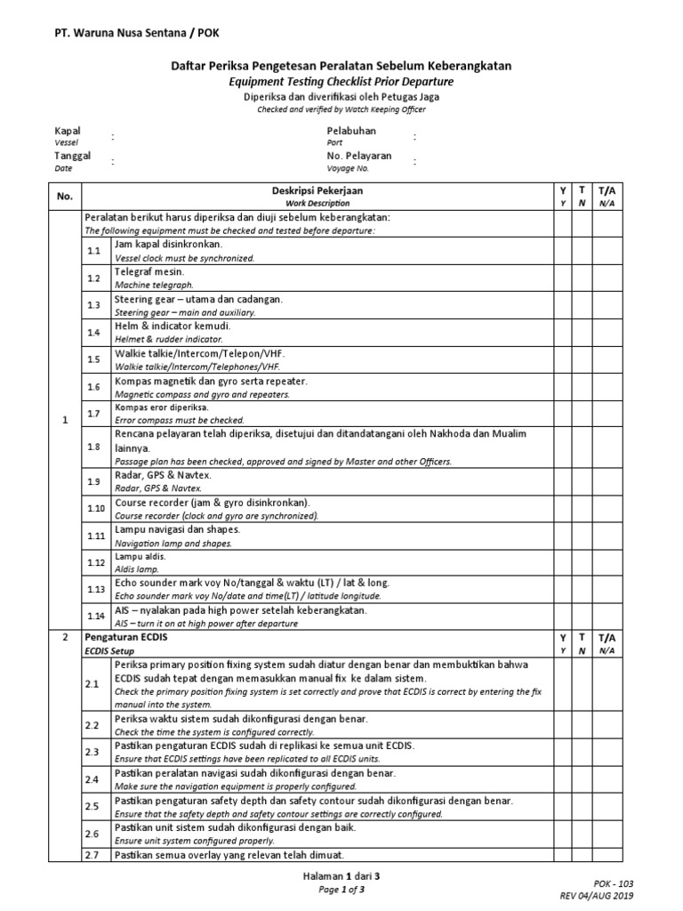 103 - Checklist of Equipment Testing Before Departure (Oow) | PDF ...