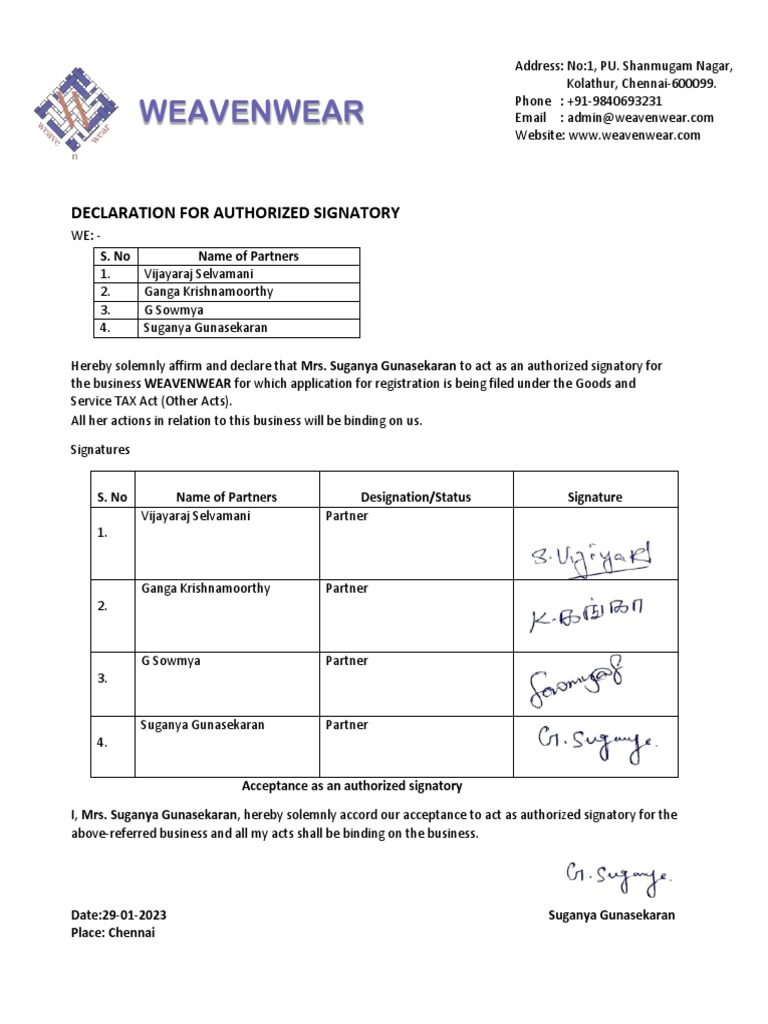 Declaration For Authorized Signatory | PDF