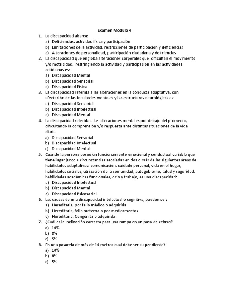 Examen Módulo 4 | PDF | Discapacidad intelectual | Sicología