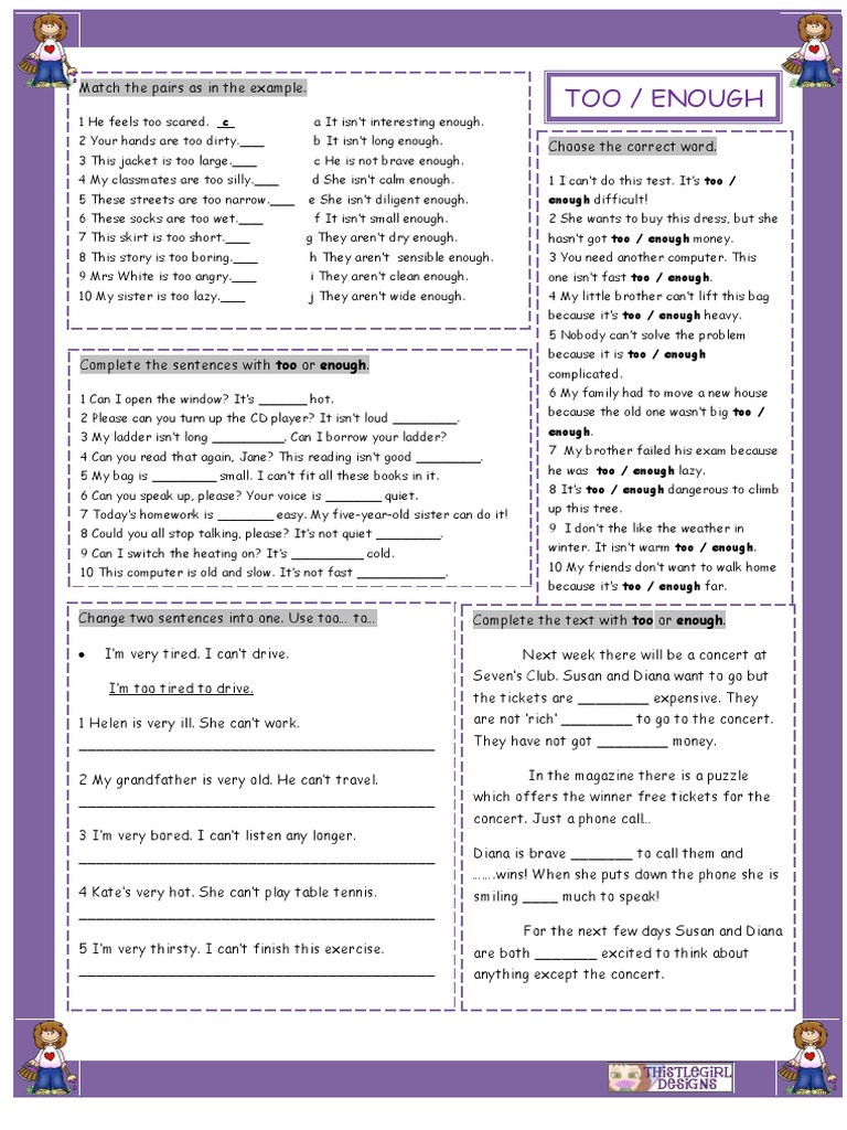Too and Enough Exercises Worksheet | PDF