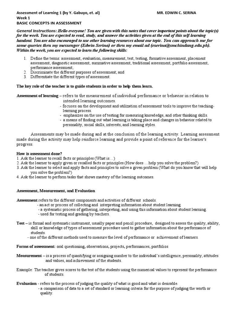 Assessment in Learning 1 Lesson 1: Basic Concepts in Assessments | PDF ...
