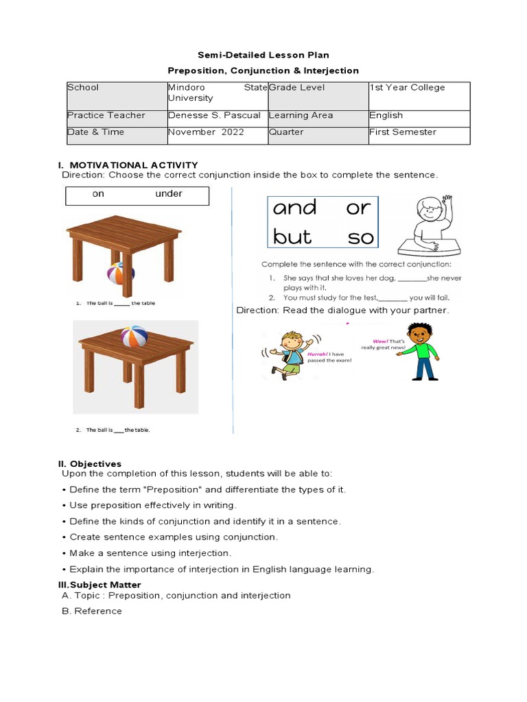 Prepositions and Conjunctions Lesson Plan | PDF | Preposition And ...