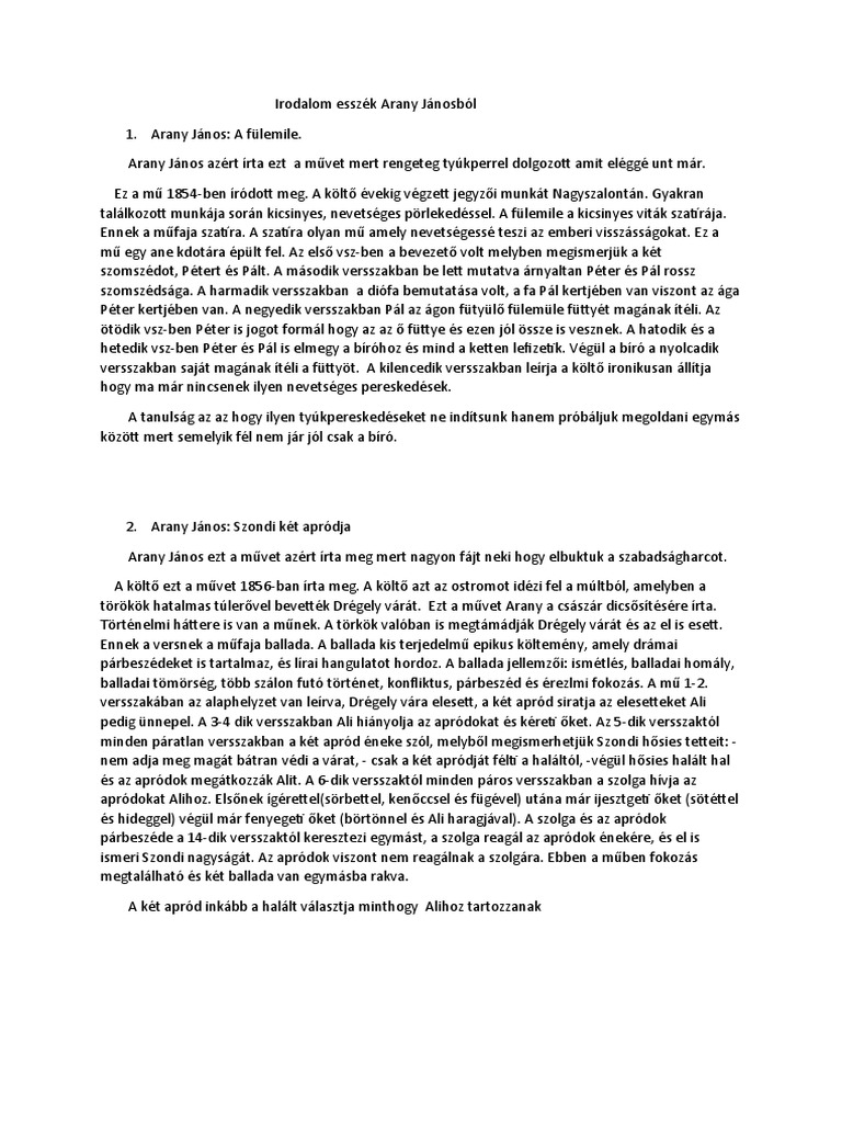 Irodalom esszék Arany Jánosból | PDF