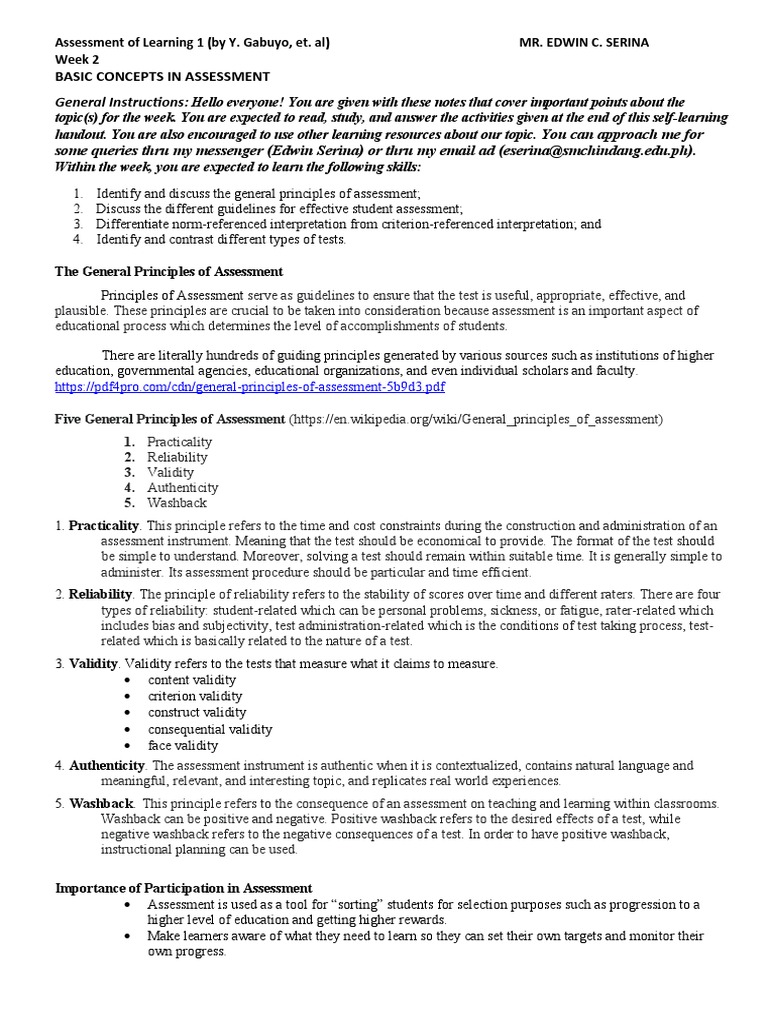 Assessment in Learning 1 Lesson 2: General Principles of Assessment | PDF