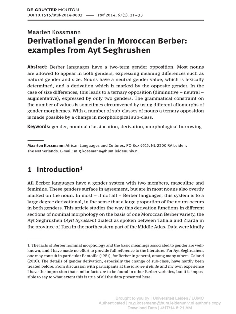 Derivational Gender in Moroccan Berber E | PDF | Grammatical Gender | Grammatical Number