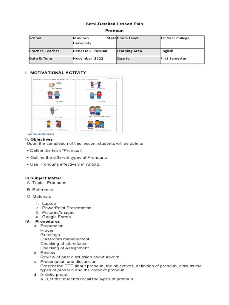 Semi-Detailed Lesson Plan in English - Pronoun | PDF
