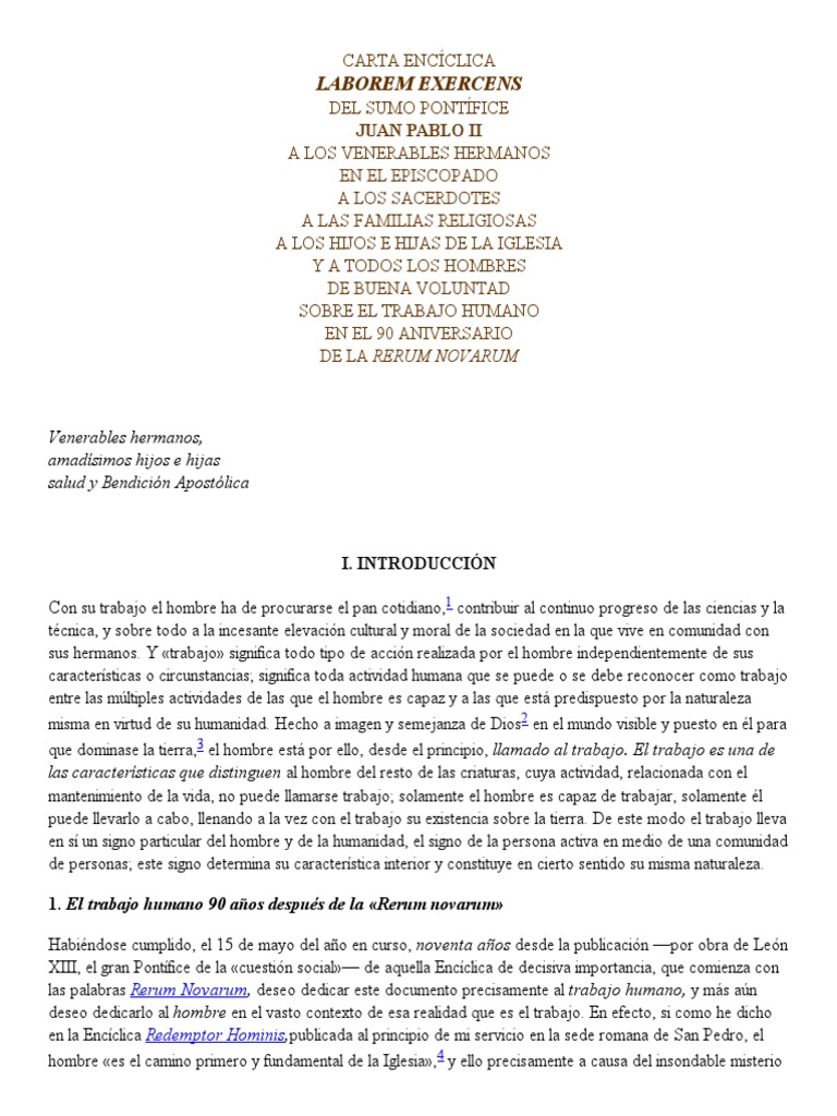 Carta Encíclica Laborem Exercens, 14 de Septiembre de 1981 - Juan Pablo ...