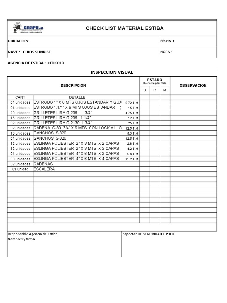 Check List Material Estiba 2019 | PDF | Procesos industriales | Materiales