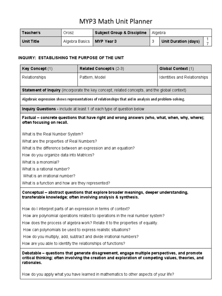 MYP3 Math Unit Planner - Functions | PDF