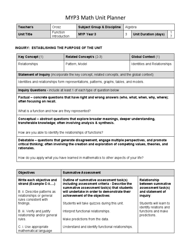 MYP3 Math Unit Planner - Functions | PDF