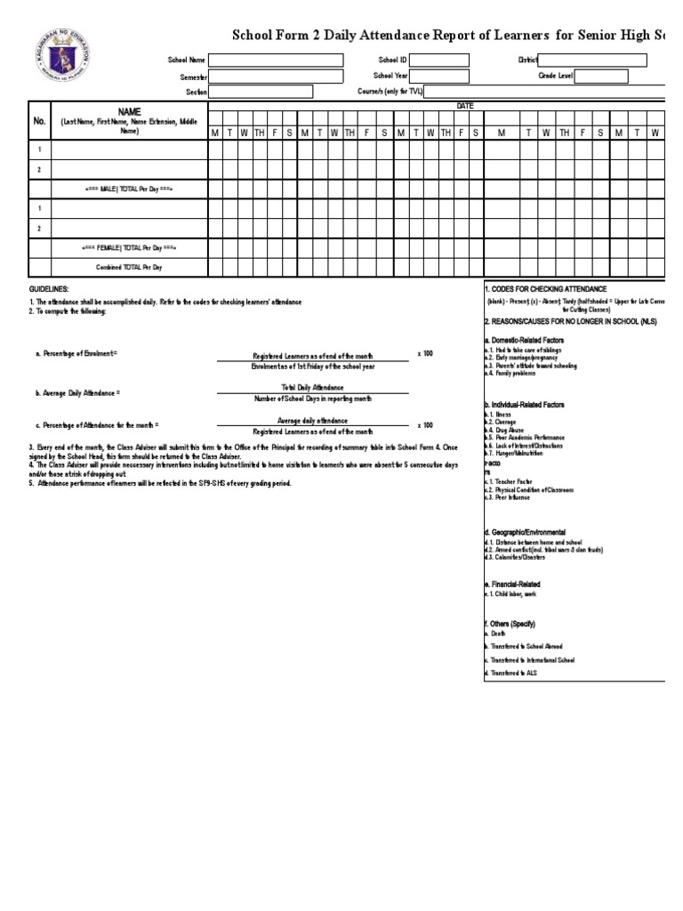School Form 2 Daily Attendance Report of Learners For Senior High ...