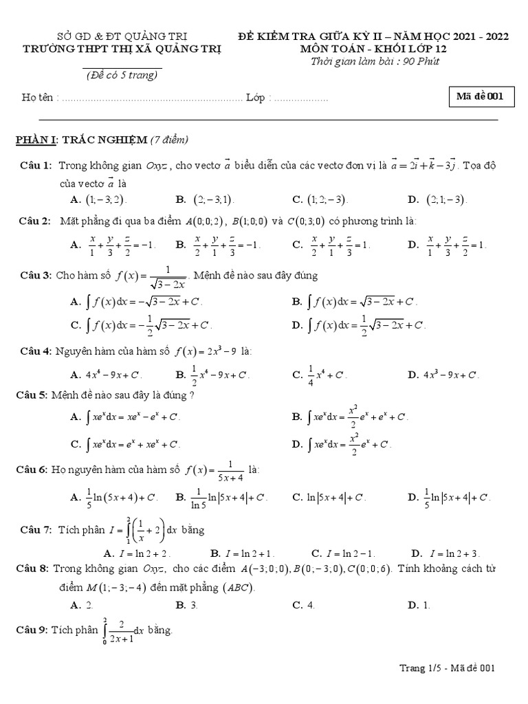 De Thi Giua Ky 2 Toan 12 Nam 2021 2022 Truong THPT Thi Xa Quang Tri | PDF