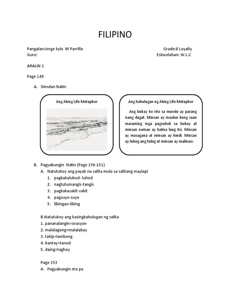 Filpino Grade 8 Answer Key of Book | PDF