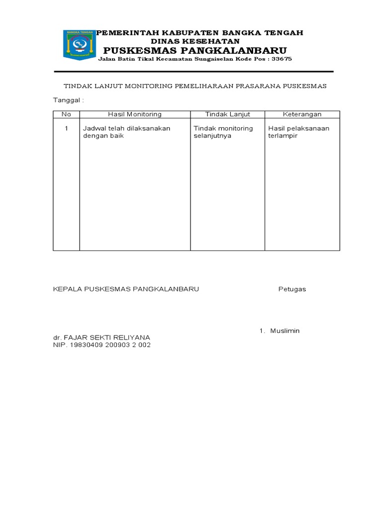 2.1.4..5 Tindak Lanjut Monitoring Pemeliharaan Prasarana Puskesmas PKM PB | PDF