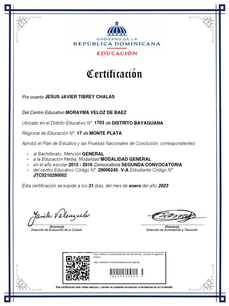Certificación de Bachillerato 2023 | PDF