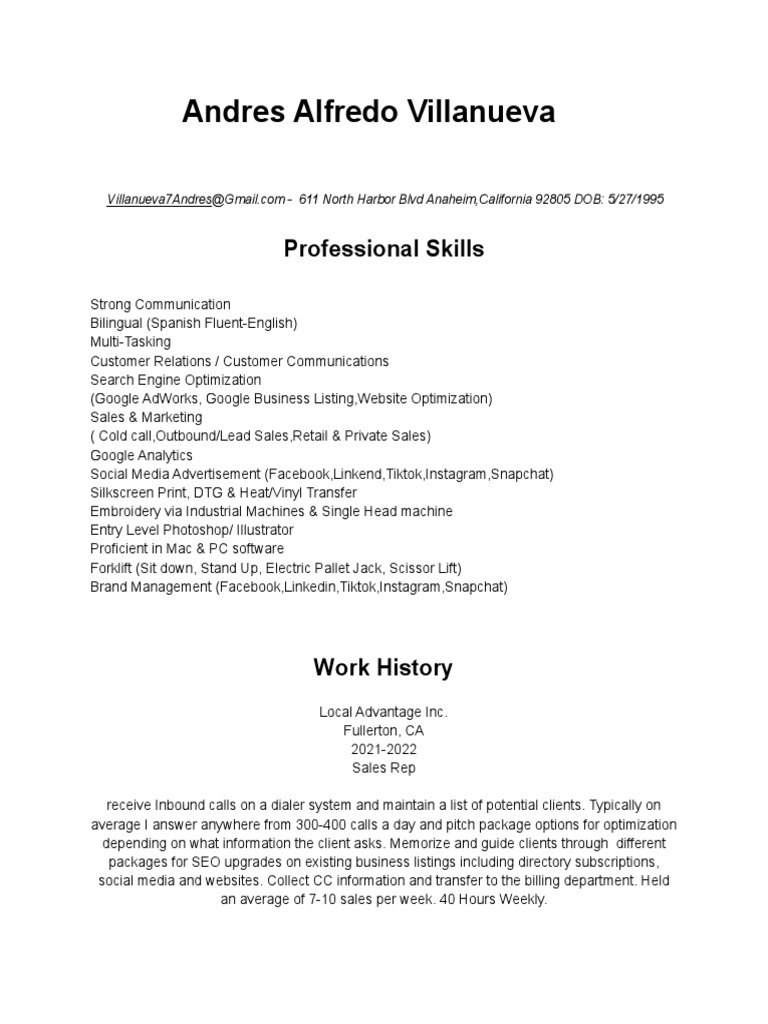 Andres Alfredo Villanueva Resume | PDF