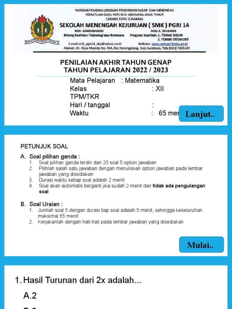 PAS Ganjil - Matematika XII TKR TPM | PDF