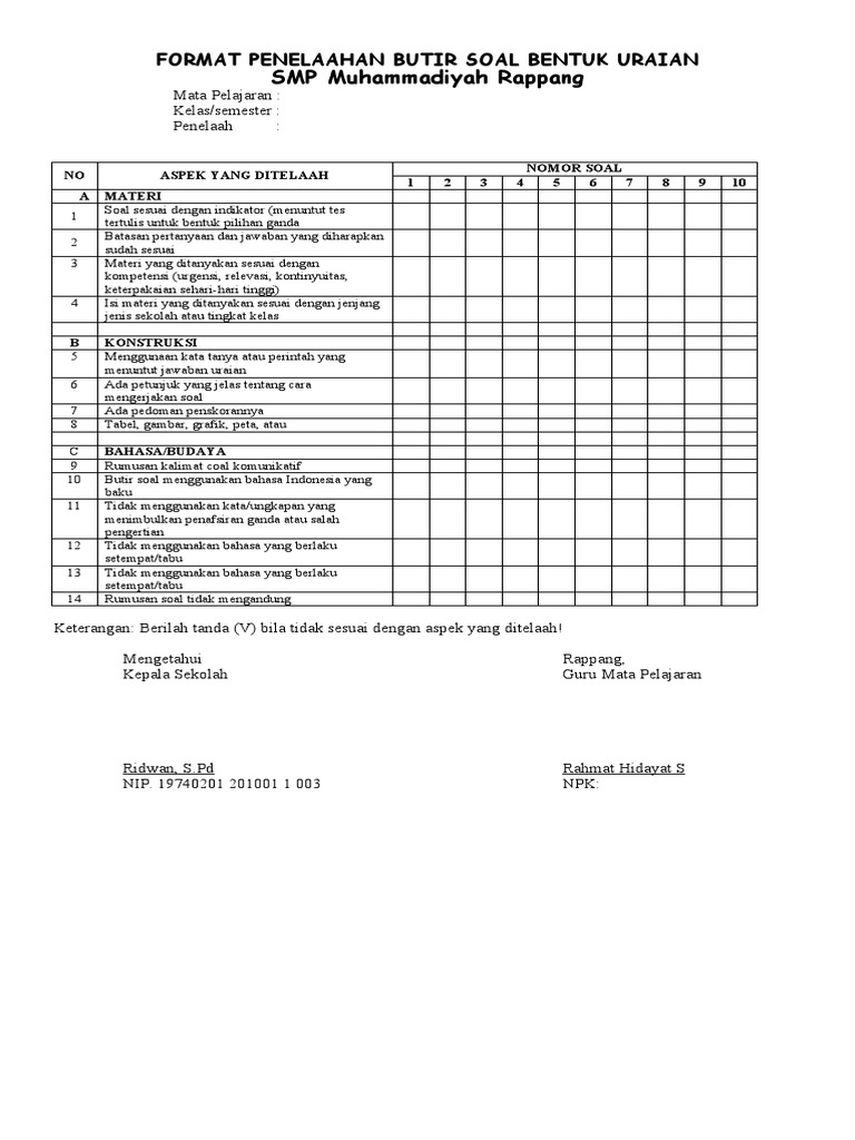 Format Telaah Butir Soal Uraian | PDF