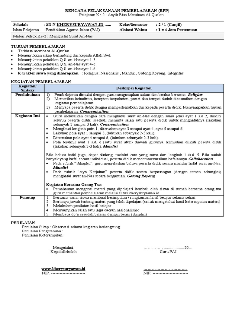 3 - RPP PAI Kls 2 Sem. 1 - WWW - Kherysuryawan.id | PDF