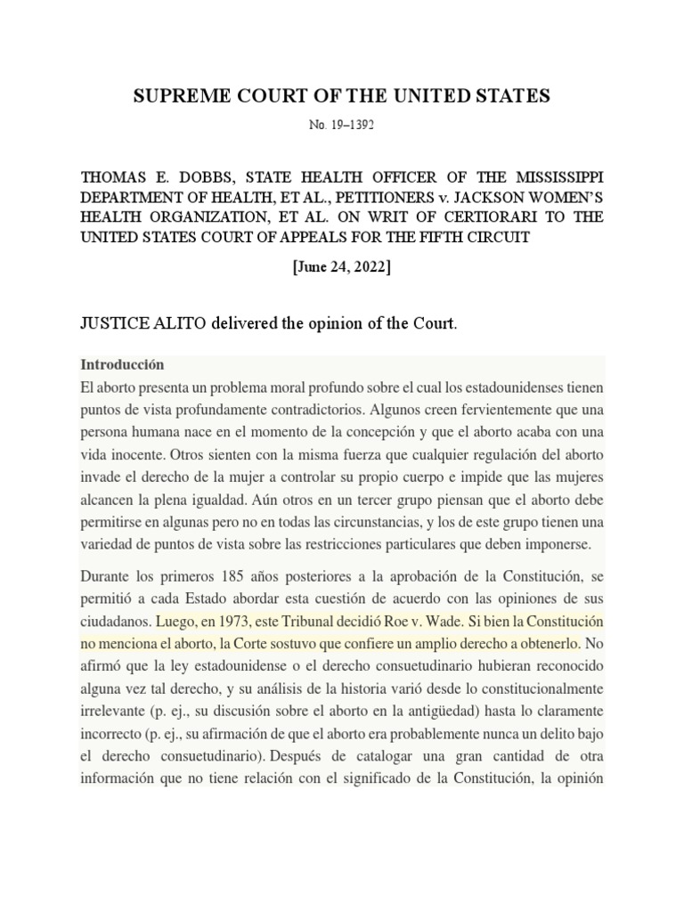 Dobbs vs. Jackson Womens Health Organization - Sentencia | PDF ...