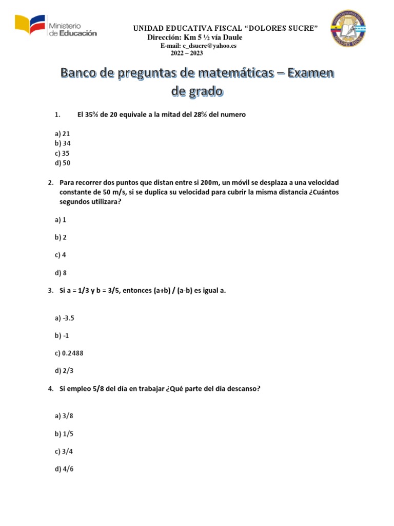 Banco de Preguntas para Examen de Grado Matemáticas | PDF