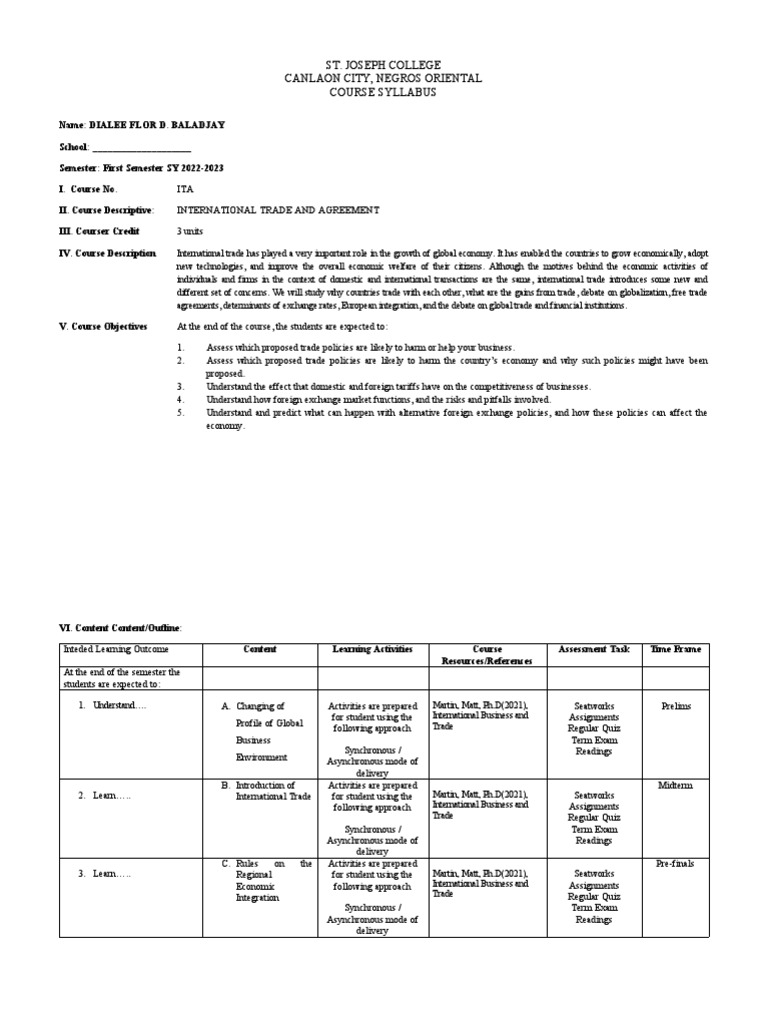 International Trade Syllabus | PDF | Globalization | Trade