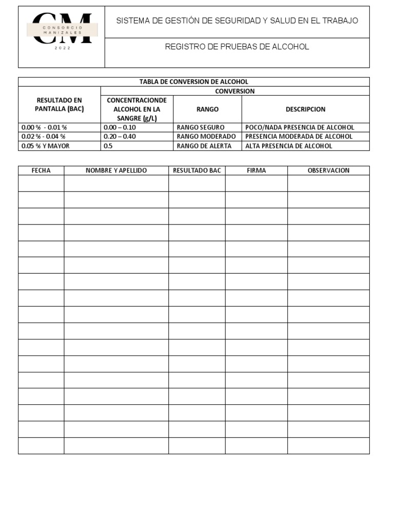 Registro de Pruebas de Alcohol | PDF | Ciencia y matemáticas