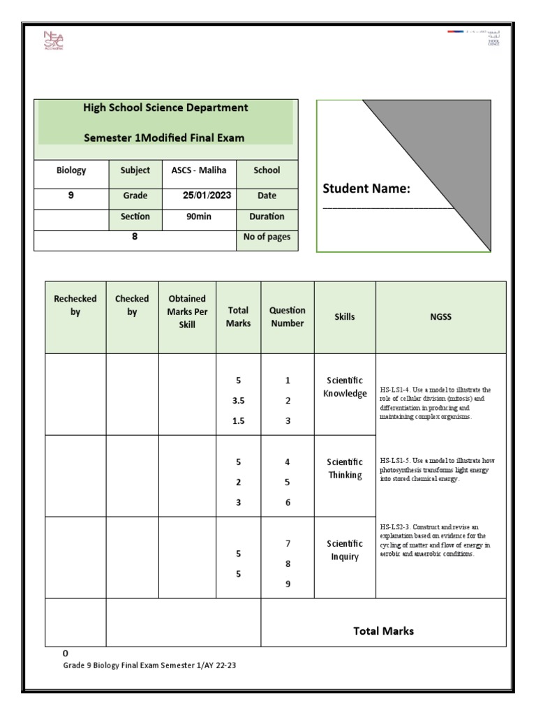 Gr9 Biology Semester 1 Final Exam SEN | PDF