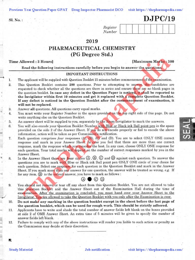 Di Drug Inspector Pharmaceutical Chemistry TNPSC 2019 Exam Paper The Pharmapedia | PDF