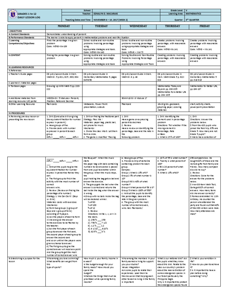 Mathematics 5 - Q3 - W2 DLL | PDF | Percentage | Mathematics
