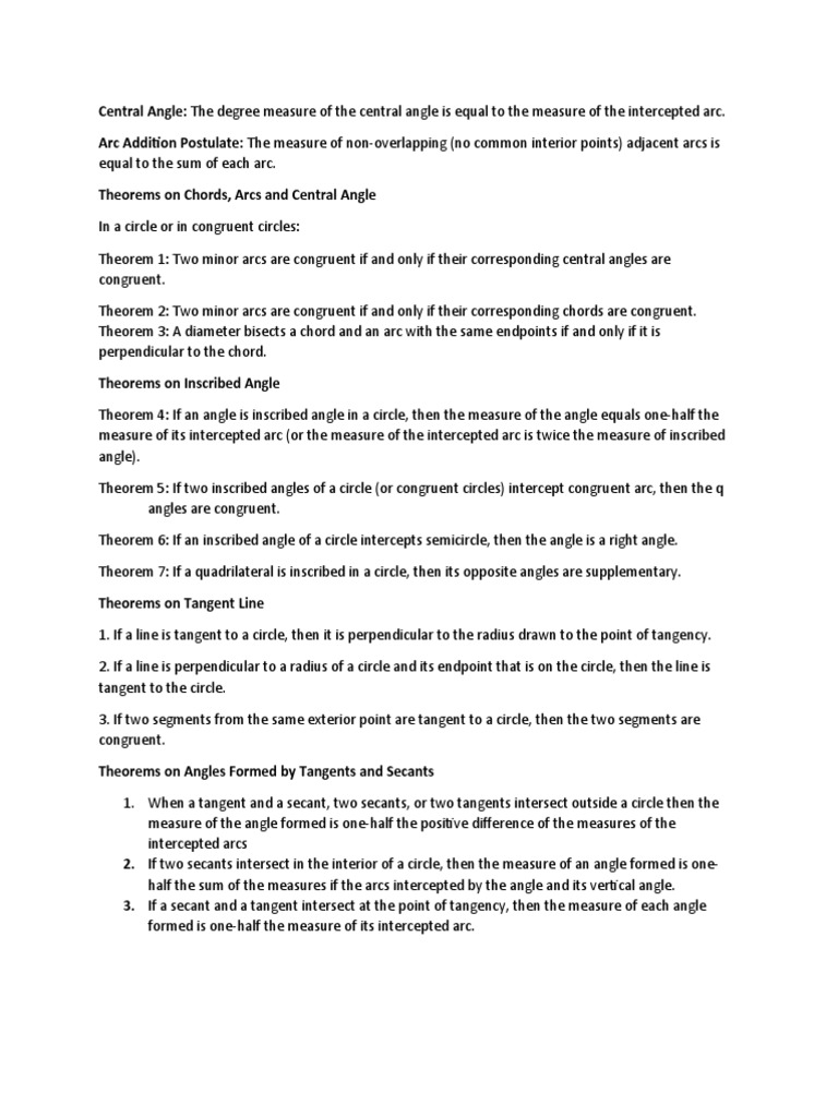 Theorems And Properties Of Angles Arcs Chords Secants And Tangents In Circles Pdf Circle
