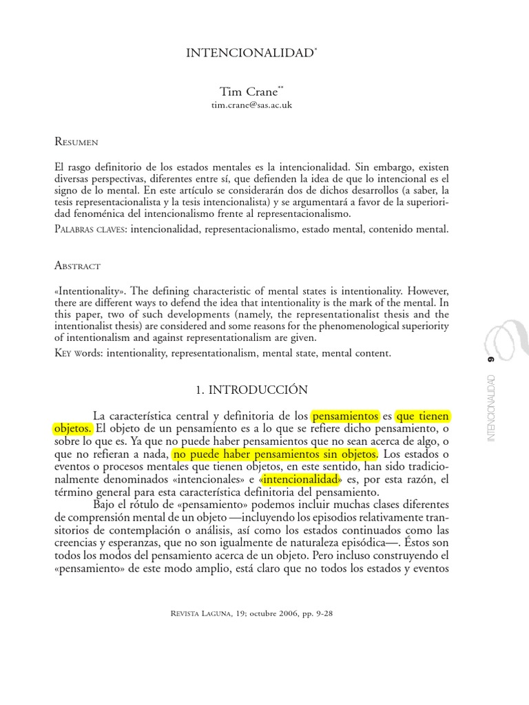 01 (Tim Crane) Intencionalidad | PDF | Experiencia | Pensamiento