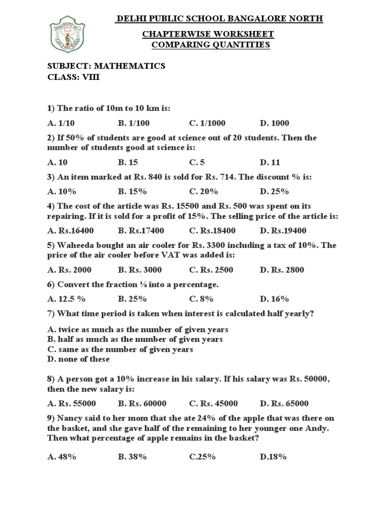 Delhi Public School Bangalore North Chapterwise Worksheet Comparing ...
