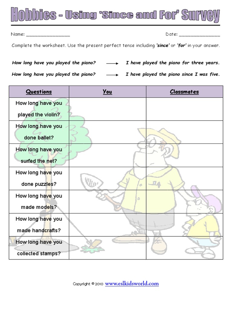 Hobbies Using Since and For Survey Worksheet | PDF