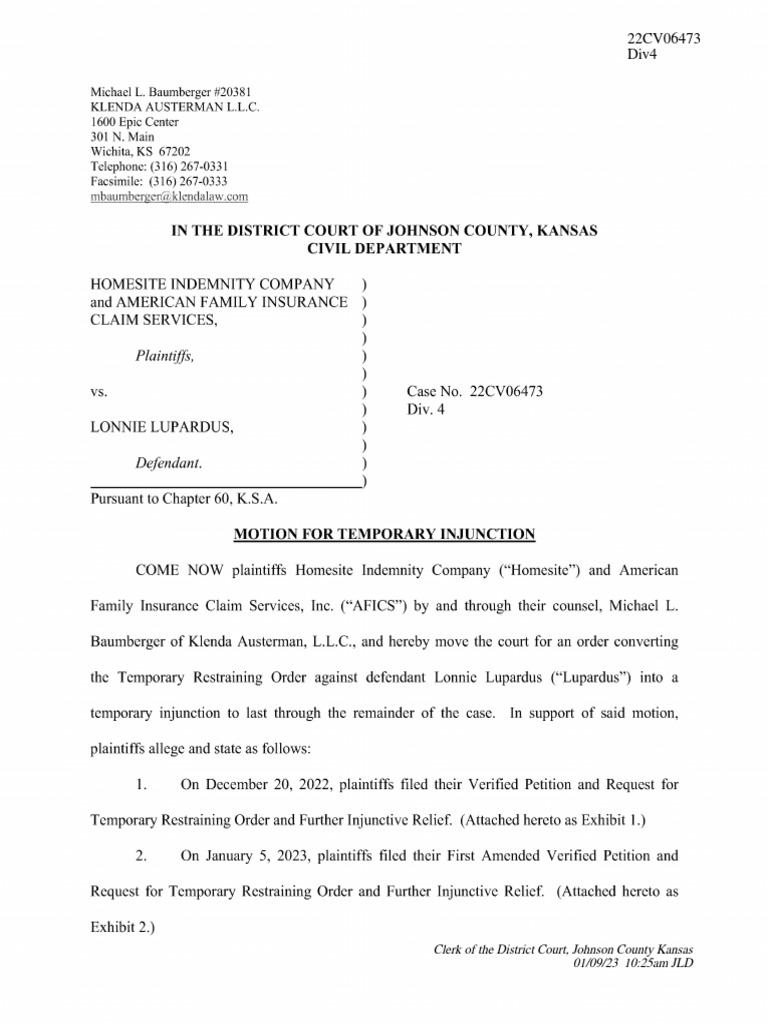 22CV06473 Div4: Clerk of The District Court, Johnson County Kansas 01/09/23 10:25am JLD | PDF