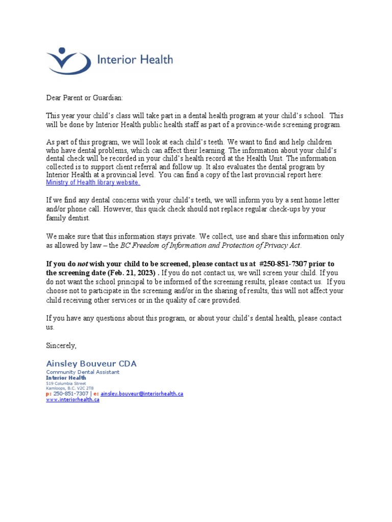 Dental Screening Letter | PDF