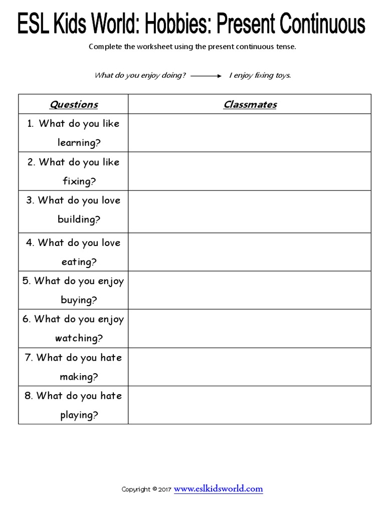 Hobbies Present Continuous Survey | PDF