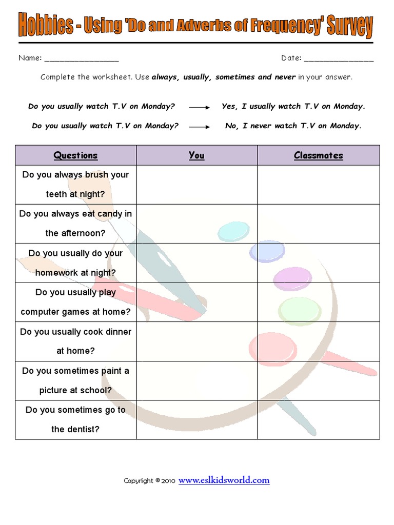 Hobbies Using Do and Adverbs of Frequency Survey Worksheet | PDF