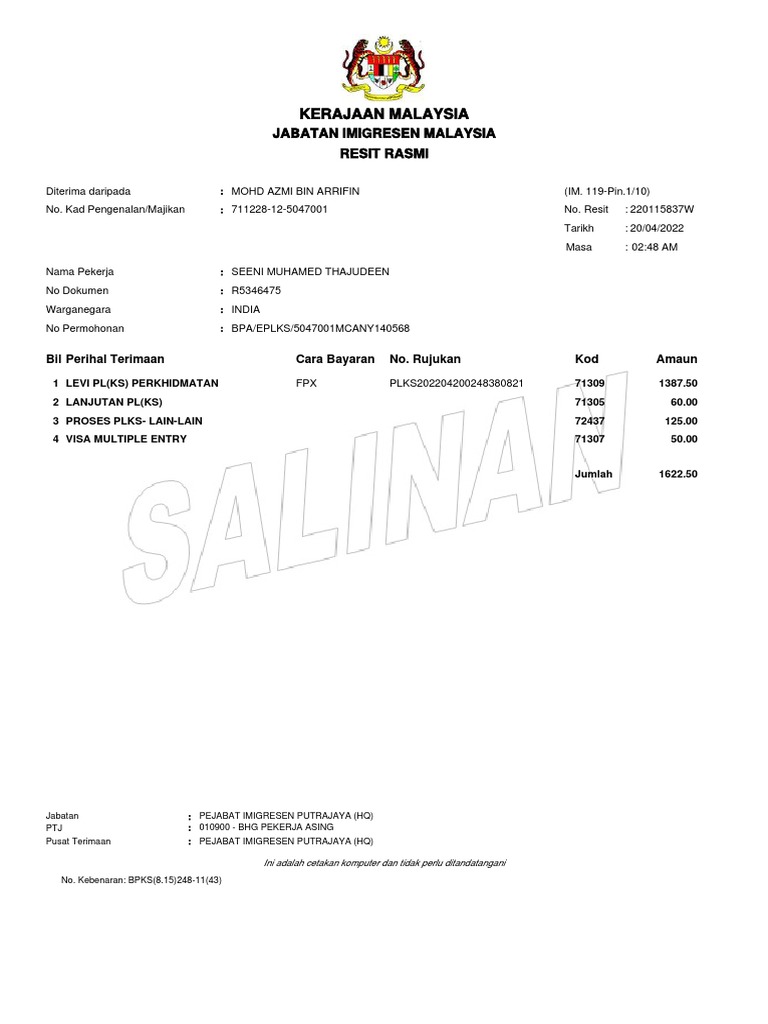 Receipt - EPLKS (711228 12 5047) | PDF